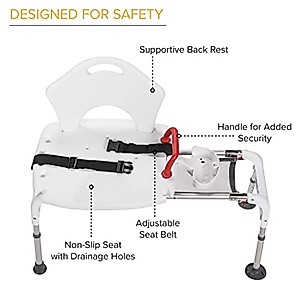 Drive Medical RTL12075 Adjustable Height Sliding Bathtub Transfer Bench Shower Chair with Armrests and Seatbelt, 300 Pound Weight Capacity, White