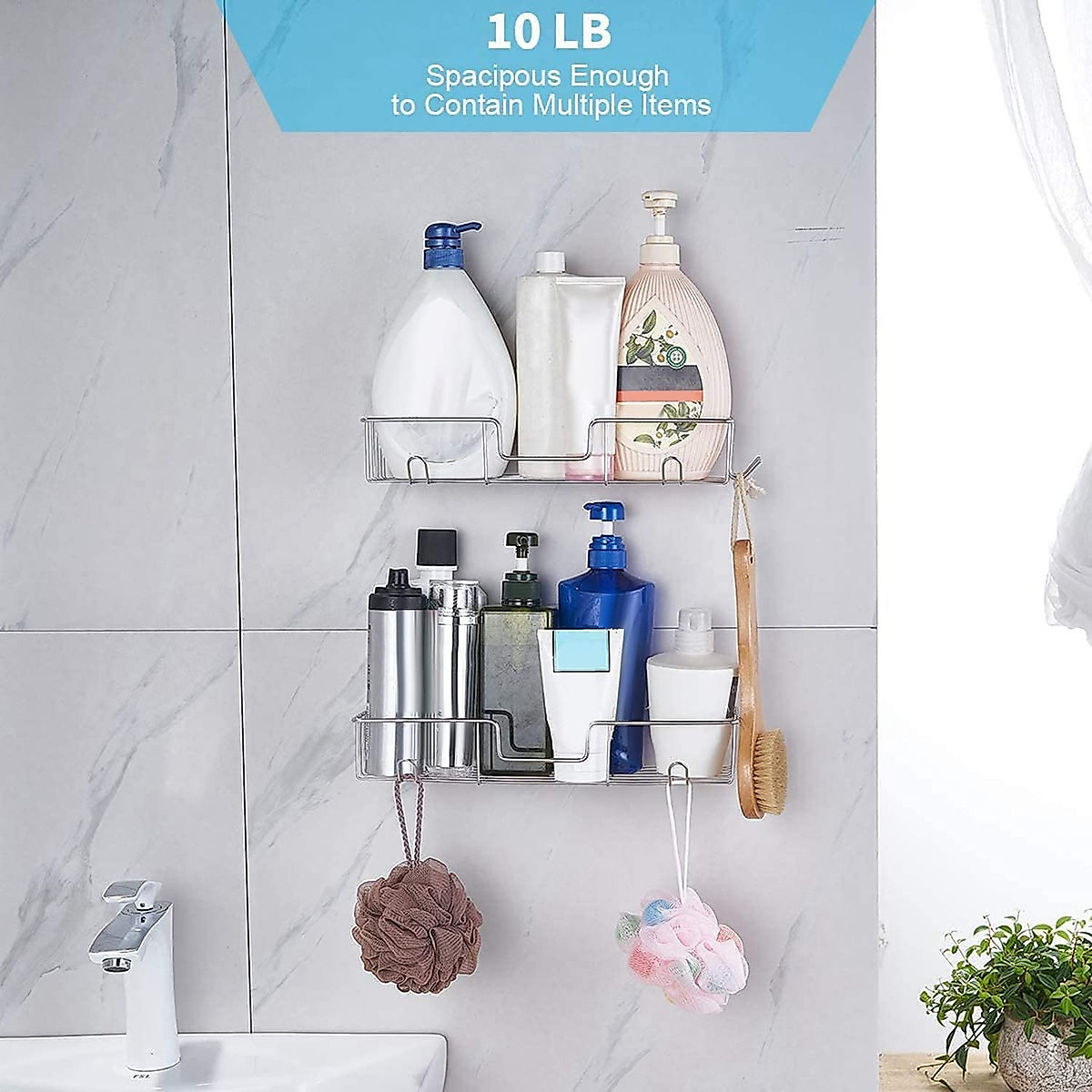 Eovuasclk Shower Shelf with Hooks,No Drilling Adhesive Shower Shelf for Bathroom Storage,Rustproof Shower Organizer