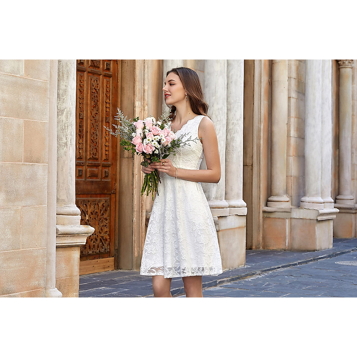 Women V-neck Lace Sleeveless Pocket Dress Swing A-Line Wedding Bridesmaid Cocktail Party Midi Dresses White L