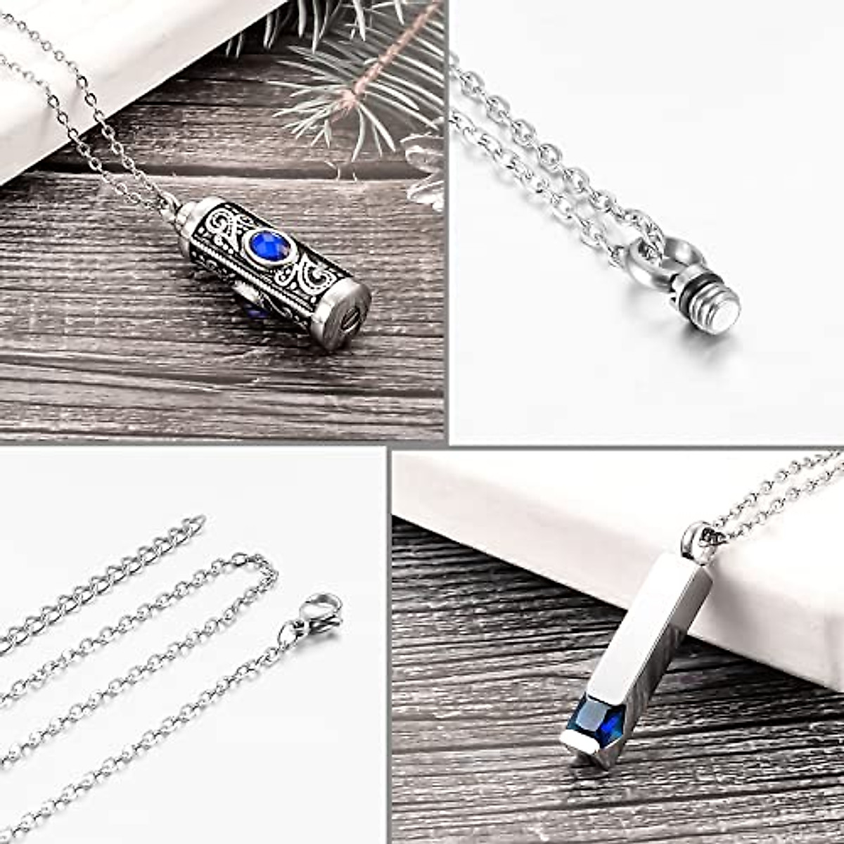 SOITIS 5 Pieces Urn Necklace for Ashes Bar Zircon Crystal Cremation Necklace for Ashes Heart Keepsake Cremation Jewelry Hourglass Ash Necklace for Human Ashes - Dark Blue