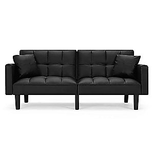 HOMHUM Convertible Leather Folding Couch Futon Sofa Bed Adjustable Back w/Armrest for Living Room, Black