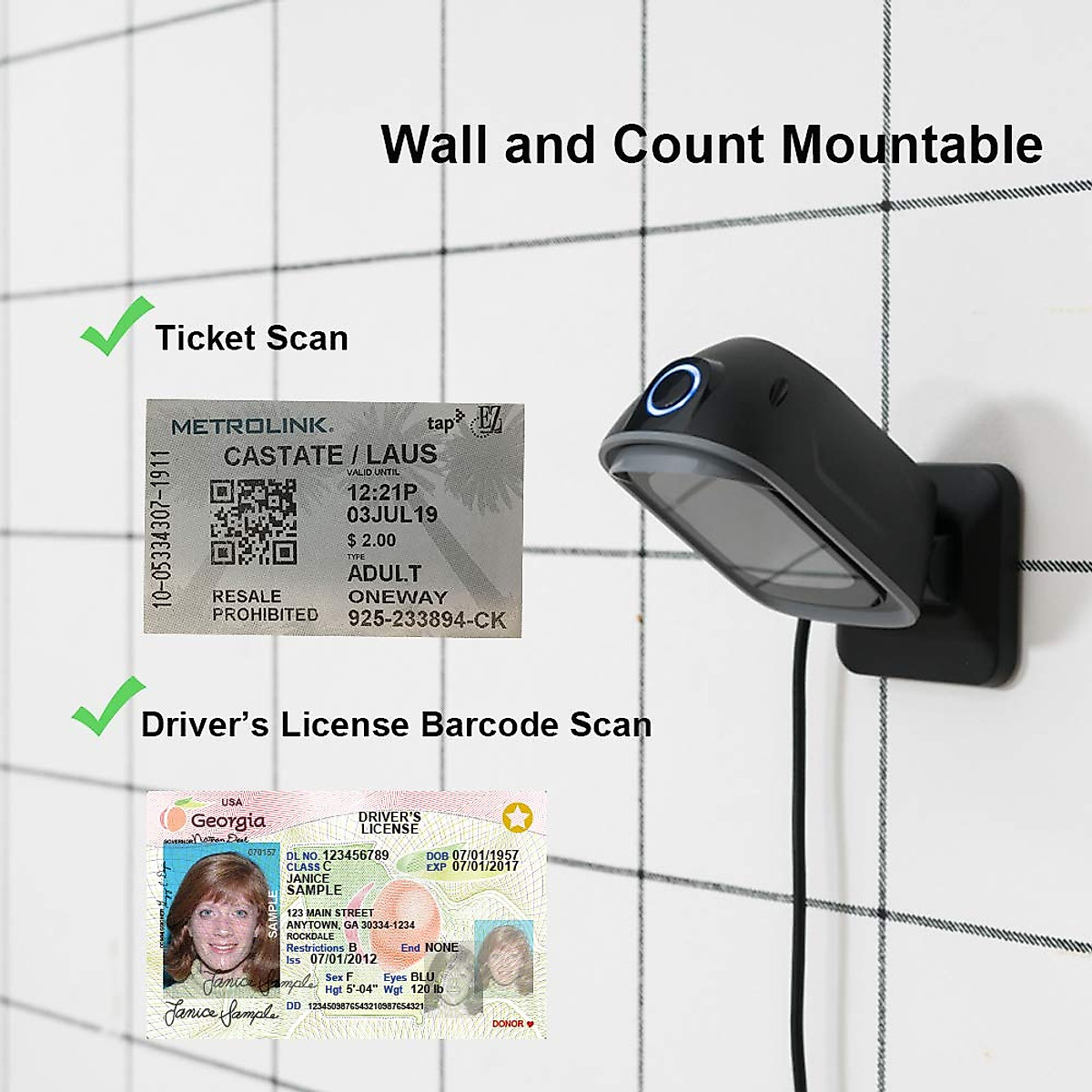 TEEMI Handsfree 2D QR Desktop Barcode Scanner, 1D Handheld Automatic Omnidirectional USB Reader CMOS Image Sensor, Wall Mountable Large Scanning Window Capture Screen Codes, TMSL-72