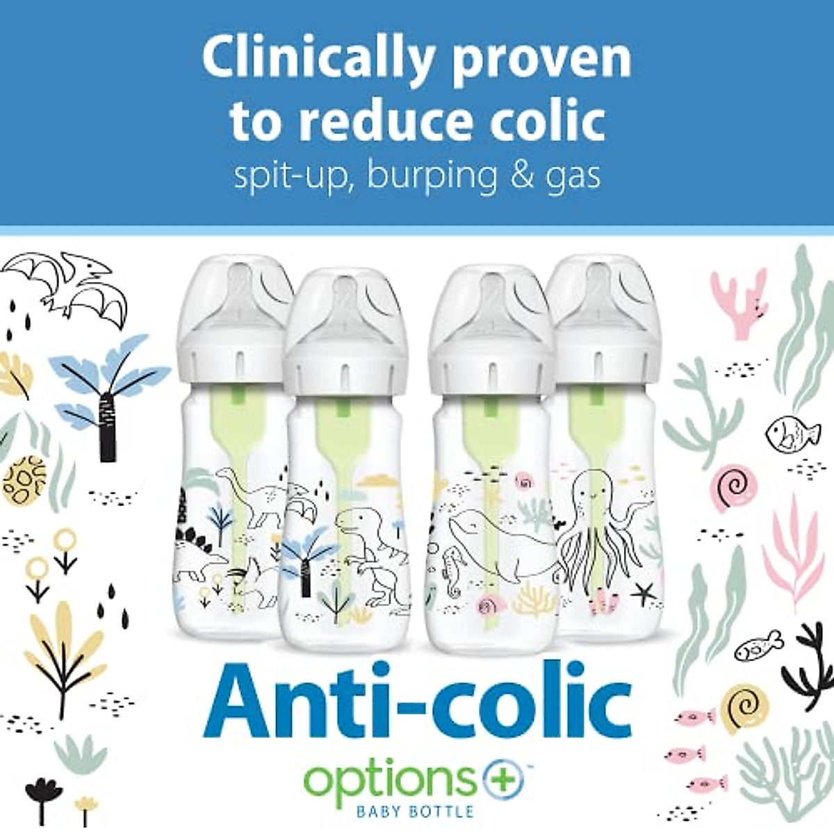 Dr. Brown’s Natural Flow® Anti-Colic Options+™ Wide-Neck Baby Bottle Designer Edition Bottles, Dinosaur and Ocean Design, 9 oz/270 mL, Level 1 Nipple, 4-Pack, 0m+