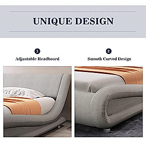 Allewie Queen Size Bed Frame with Curved Adjustable Headboard, 100% Fabric Upholstered Platform Bed, Strong Wooden Slats Support, 10-12'' Mattress Recommended, Grey