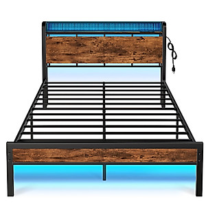 Furnulem Bed Frame Queen Size with Light,Industrial Storage Headboard with Power Outlet and USB Port,Wood Platform Queen Bed with Strong Metal Support,No Box Spring Needed,Silent