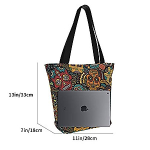 antcreptson Mexican Sugar Skulls Canvas Tote Bag Large Women Casual Shoulder Bag Handbag, Watercolor Sunflower Reusable Multipurpose Heavy Duty Shopping Grocery Cotton Bag for Outdoors.