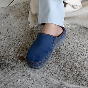 isotoner Men's Microterry and Waffle Travis Slip-On Hoodback Slipper, Navy Blue, 8-9