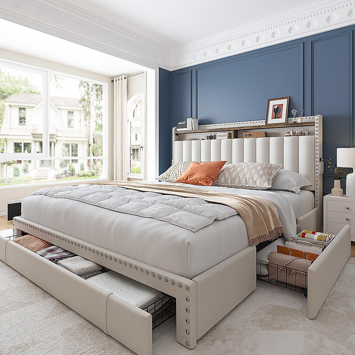 EnHomee Queen Bed Frame with 3 Drawers,Bed Frame Queen Size with Upholstered Headboard and Storage,2-Tier Shelves,1100LBS for Strong Support, No Box Spring Needed,Easy Assembly,No-Noise,Beige