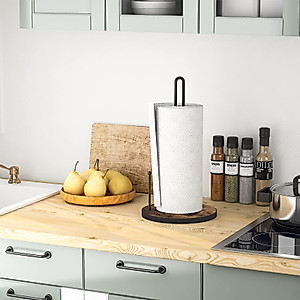 Giikin Paper Towel Holder, Countertop, Stand with Heavy Duty Wood Base, Standing Roll Dispenser Hanger Rack for Kitchen and Bathroom Organization, Rustic Brown