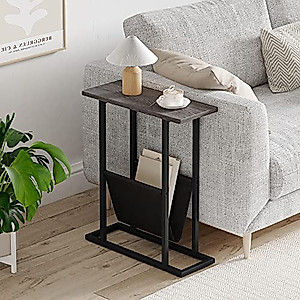 Yusong Small Narrow Side Table for Small Spaces, Slim End Table Magazine Table Nightstand with Storage Holder, Accent Skinny Snack Couch Bedside Table, Grey