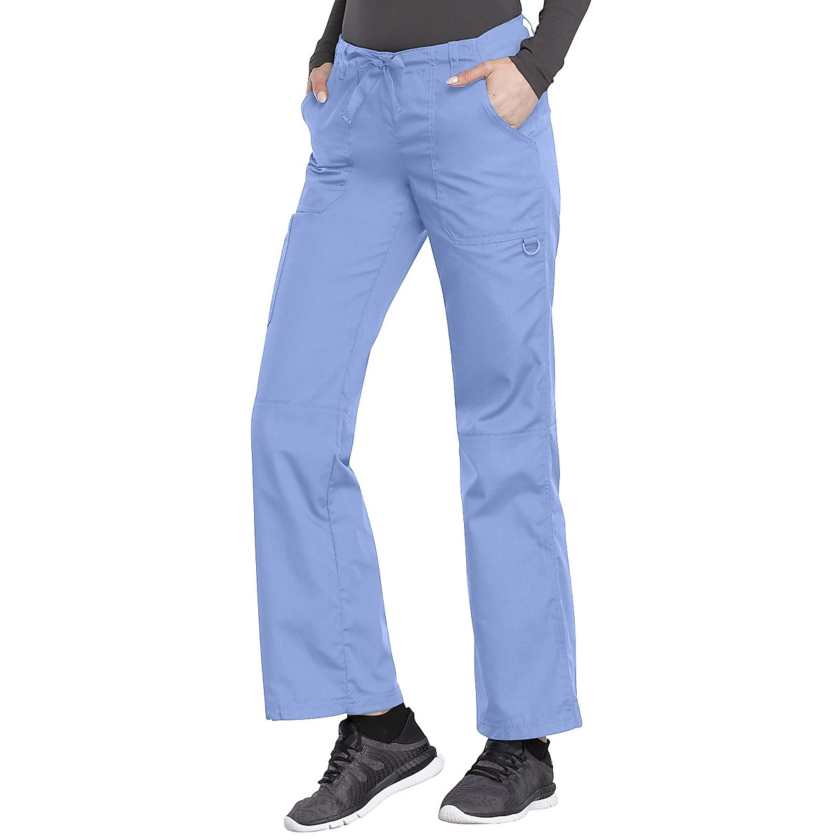 Cherokee Women's Low Rise Drawstring Cargo Scrub Pant, Ciel, Large