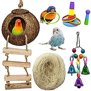 PINVNBY Coconut Bird Nest Hideaway Hut House with Ladder Parrot Training Puzzle Toy Parrot Bell Swing Hanging Birdhouse for Parrots Parakeet Lovebird Finch Canary Hamsters Etc Small Animal