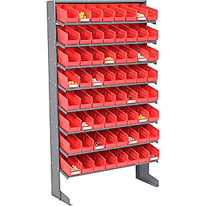 Global Industrial Floor Rack, 8 Shelves w/ (64) 4" W Red Bins, 33x12x61