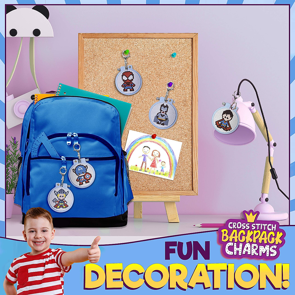 5 Stamped Superhero Cross Stitch Beginner Projects for Kids Needlepoint Starter kit Sewing Set for Backpack Charms…