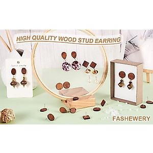 FASHEWELRY 16Pcs Wood Stud Earring Posts with Loop Teardrop Rhombus Oval Flat Round Wood Stud Earring with Ear Nuts for DIY Wooden Earrings Making (CoconutBrown)