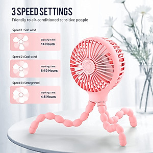 Stroller Fan Upgraded Handheld Personal Fan Battery Operated Mini Portable Fan with LED Light Aromatherapy, Flexible Tripod Clip On Fan with 3 Speeds Versatile Fan for Car Seat Crib Bike Desk (Pink)