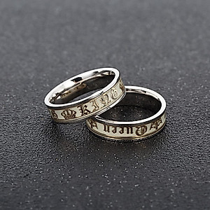 Glow in The Dark King Queen Ring Set for Him Her Silver Stainless Steel Matching Couple Rings Aurora Luminous Ring Wedding Bands Anniversary Engagement Promise Rings
