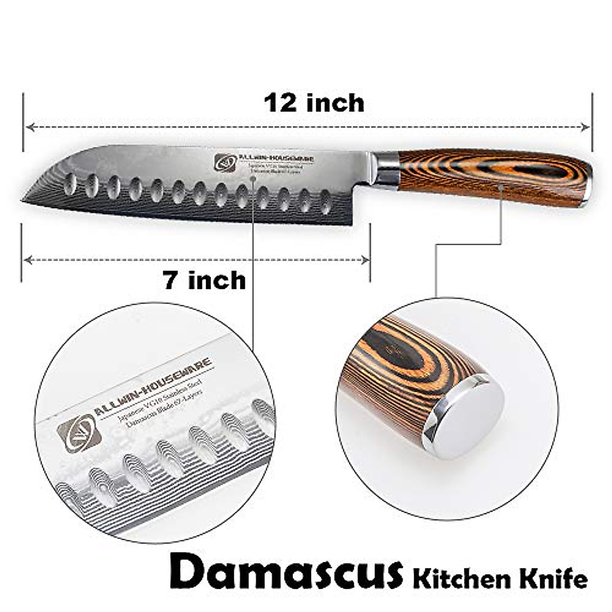 Professional Damascus Chefs Knife, 67-layer Handmade 7" Damascus Santoku Knife, Japanese VG10 Super Steel Core
