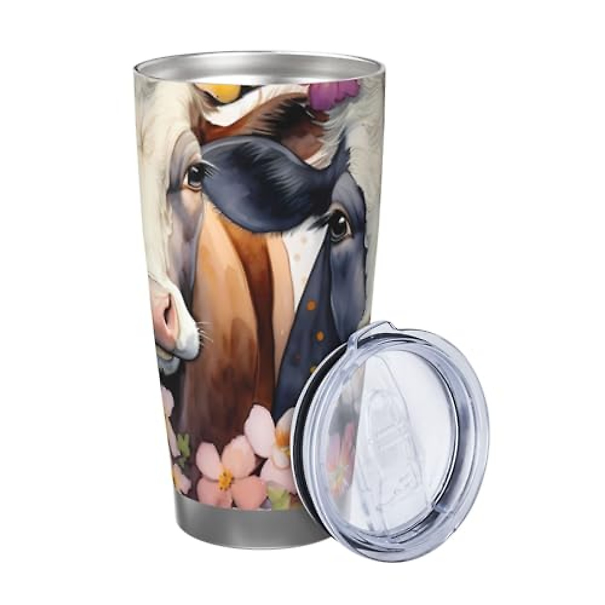 AYCZN Watercolor Cows 20 OZ Tumbler Stainless Steel Travel Coffee Mug, Daisy Flower Insulated Water Bottle with Lid and 2 StrawsLeakproof Thermal Cup