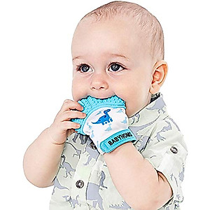 BabyNoms ® Teething Mitten | The Original Teething Paw | Safe Silicone Teething Toy or Teething Ring Provides Self-Soothing Teething Relief | Dino Blue Teether