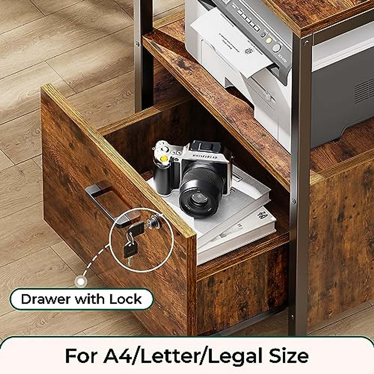 Huuger L Shaped Computer Desk with Power Outlets & LED Lights, Reversible Computer Desk with File Cabinet & Storage Shelves, Corner Desk Home Office Desk, Rustic Brown