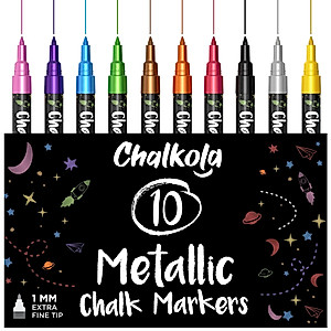Extra Fine Tip Metallic Chalk Markers (10 Pack, 1mm) Liquid Chalk Pens - For Blackboards, Chalkboard, Bistro Menu, Window - Wet Wipe Erasable