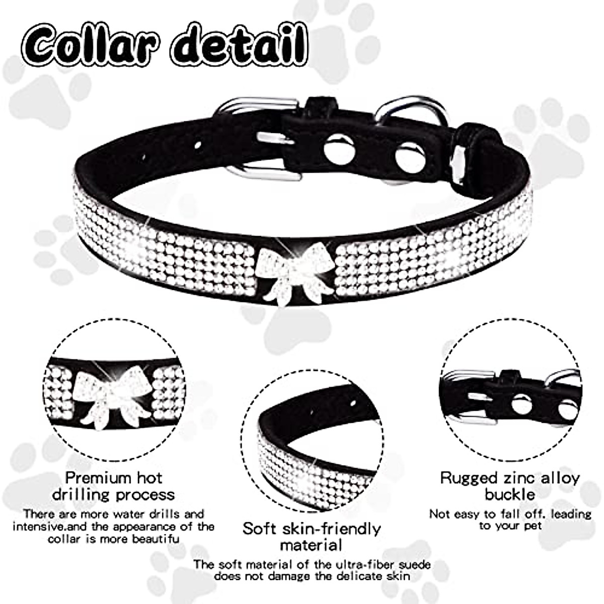 Bling Rhinestone Dog Cat Collar Adjustable Leather Dog Cat Rhinestone Collar for Small Medium Large Dogs（XXS 10"-L 20"） Black