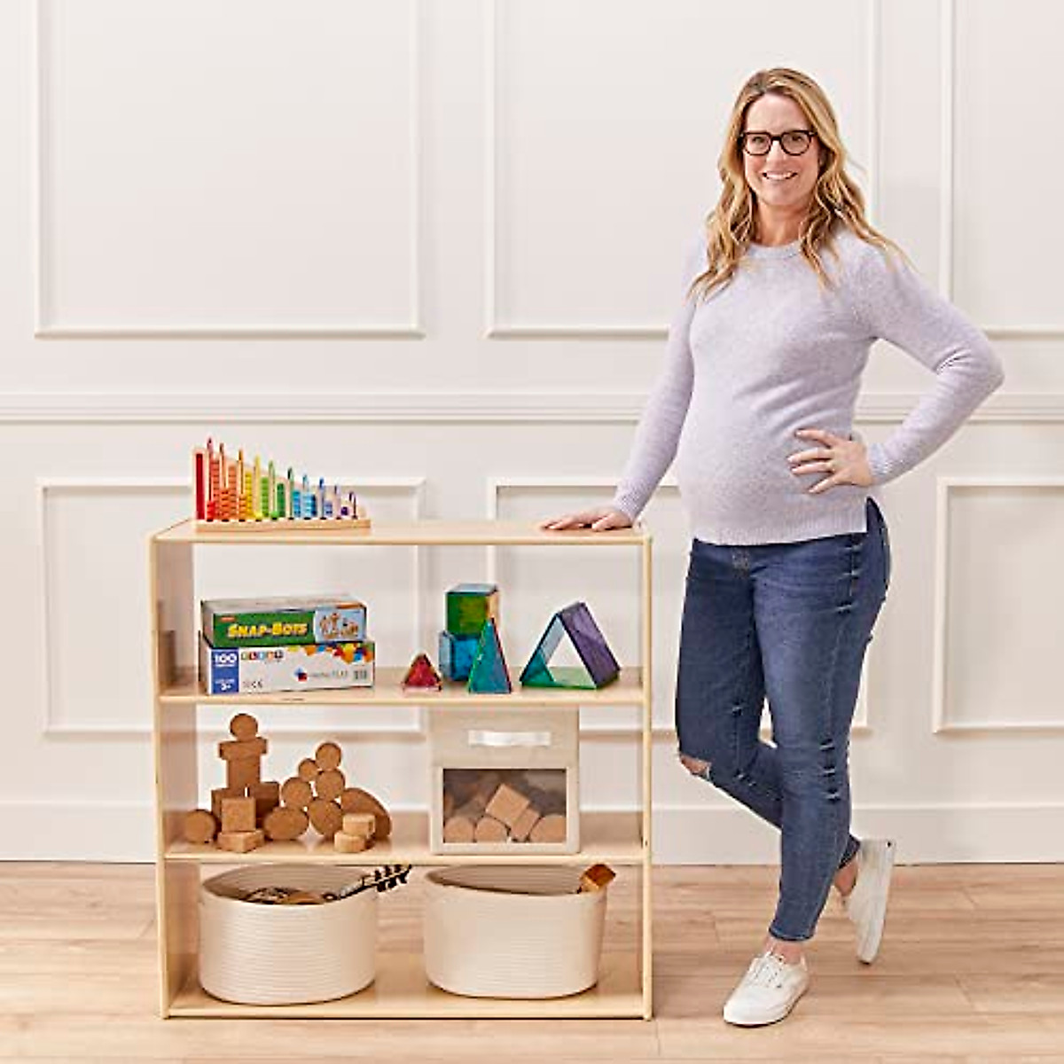 ECR4Kids Streamline 3-Shelf Storage Cabinet, 36in High, Double-Sided Display, Natural