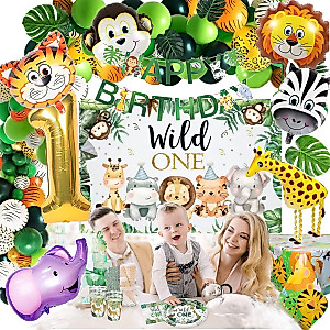 Tsoifu Safari 1st Birthday Decorations for Boy Wild One Backdorp Happy Birthday Banner Jungle Themed Tablecloth Balloon Garland Kit