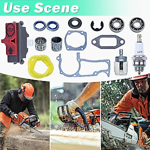 Chainsaw Cylinder Crankcase Muffle Gasket Oil Seal Crankshaft Ball Bearing 15pcs Kit for Husqvarna 362 365 371 372 372XP Replacement Parts with Washer, Clutch Piston Bearing Fuel Filter etc.