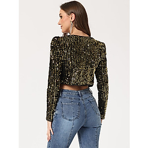 Allegra K Women's Sequin Shrug Open Front Collarless Christmas Glitter Sparkly Crop Blazer Jacket Small Black Gold