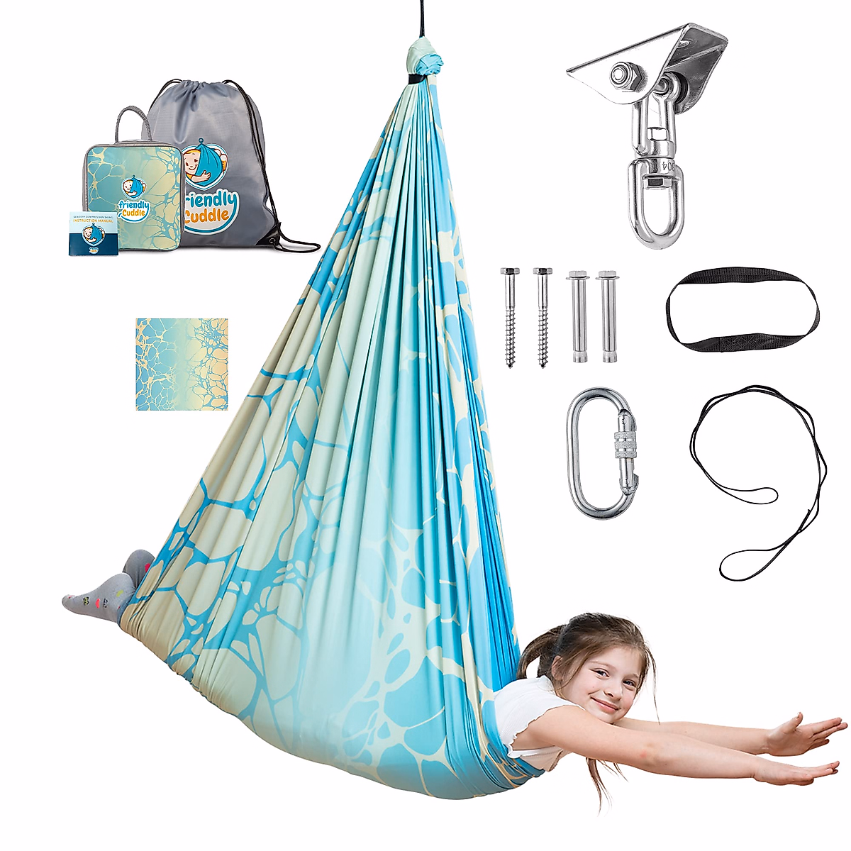 Indoor Sensory Swing for Kids or Outdoor – Holds 300lbs, Double-Layer, & 360° Swivel, Calming Compression Therapy Swing Hammock for Kids & Adults with All Hardware – Sensory-Motor Toys & Gifts