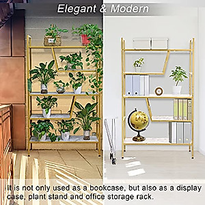 SIMFLAG 5-Tier Bookshelf Adjustable Bookcase with Retro Wood and Metal, Modern Tall Bookshelf for Bedroom, Display Gold Bookshleves for Home, Office, Living Room, Study Room