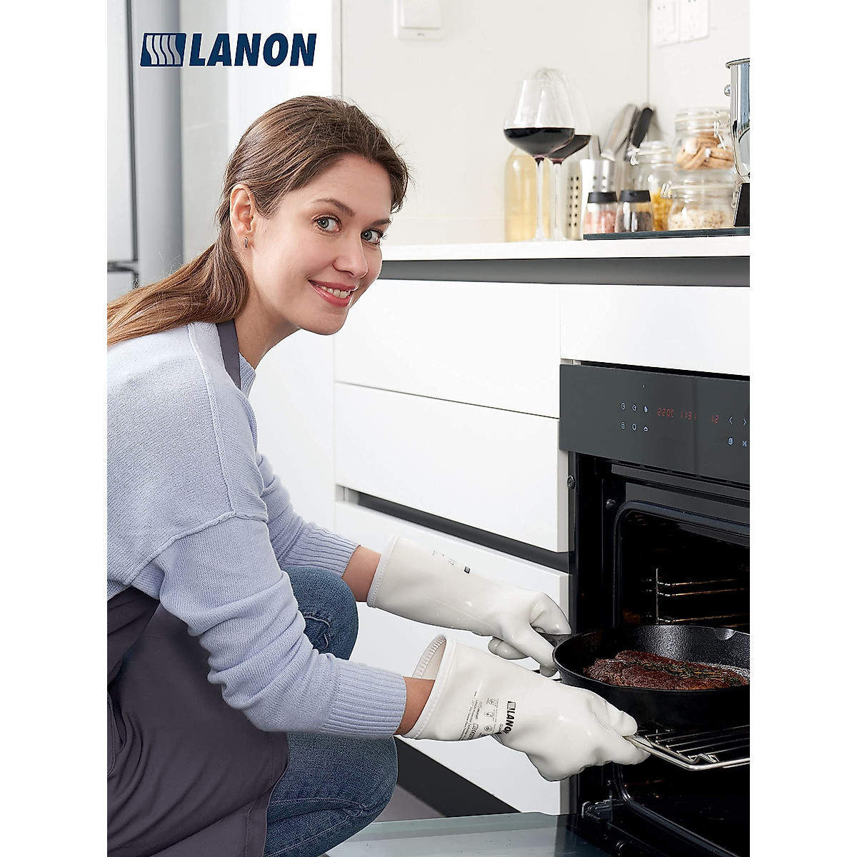 LANON Liquid Silicone Gloves, Heat Resistant Oven Gloves with Fingers, Food Grade, Waterproof, White, Medium