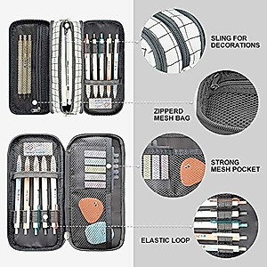 Vnieetsr Large Pencil Case Big Capacity Pencil Bag Large Storage Pouch 3 Compartments Desk Organizer Marker Pen Case Simple Stationery Bag Pencil Holder (Plaid White)