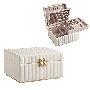 SONGMICS HOME ANAH Collection - 2-Tier Jewelry Box with Mirror, Jewelry Organizer, Removable Tray, PU Surface with Stitching, Floating Effect, 8.5 x 9.4 x 5.3 Inches, Christmas Gift, Cloud White