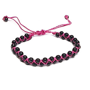 Mia Jewel Shop Hematite Healing Gemstone Crystal Beaded Macramé Braided String Adjustable Pull Tie Bracelet - Handmade Jewelry Boho Accessories (Pink)
