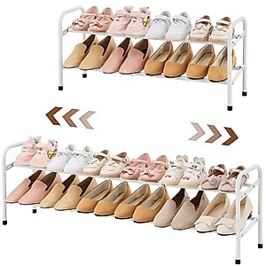 Gewudraw 2-Tier Shoe Rack Expandable, Width Adjustable Shoe Shelf Storage Organizer, 41.53'' Metal Standing Shoe Rack for Bedroom Entryway Closet, Holds up to 12 Pairs Shoes, White
