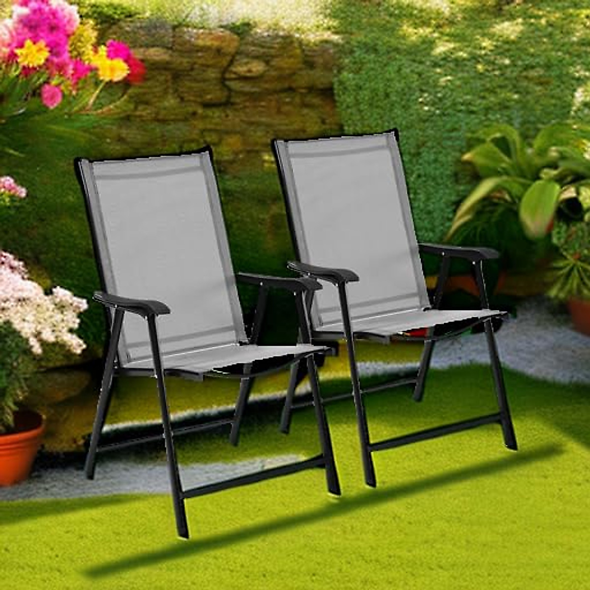 Yaheetech Patio Chairs Outdoor Chairs Set of 2 Portable Dining Chairs with Armrests for Camping, Lawn Yard Beach, Folding Patio Chairs 2-Pack Patio Chairs Metal Frame