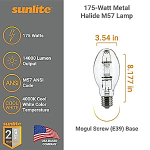 Sunlite MH400/U/MOG M59 Metal Halide Lamp, 400 Watts, Mogul Base (E39), ED37, 12,000 Hour Life Span, 36000 Lumen, Clear Finish, 4000K, 2 Pack