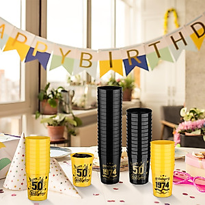 Shojoy 40 Pack Happy 50 Birthday Party Cups Black and Gold Birthday Stadium Cups 8 Ounces Reusable Plastic Tumblers for Birthday Anniversary Party Supplies Decors