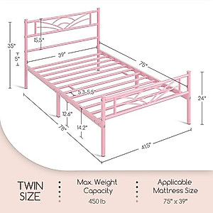 Yaheetech Twin Size Bed Frames Metal Platform Bed Mattress Foundation with Cloud-Inspired Design Headboard/Footboard/Ample Under Bed Storage/No Box Spring Needed/Pink