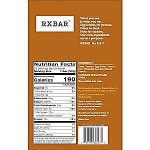 RXBAR Protein Bars, 12g Protein, Gluten Free Snacks, Snack Bars, Peanut Butter, 22oz Box (12 Bars)