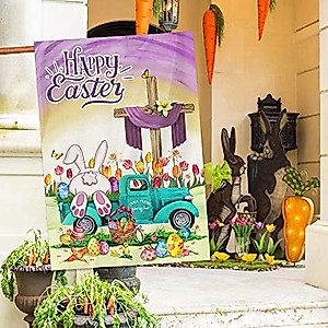 Easter Flag, Happy Easter Flags for Outdoors 28 x 40 Double Sided, Easter Bunny Eggs with Blue Truck Tulip Flowers Burlap House Flag, Holiday Spring Garden Yard Lawn Signs for Home Outside