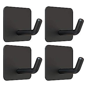 VIS'V Adhesive Hooks, Black Self Adhesive Shower Wall Hooks Waterproof Stainless Steel Stick on Hooks Heavy Duty Kitchen Bathroom Sticky Hooks for Towel Loofah Key Cup Hat Coat - 4 Pcs