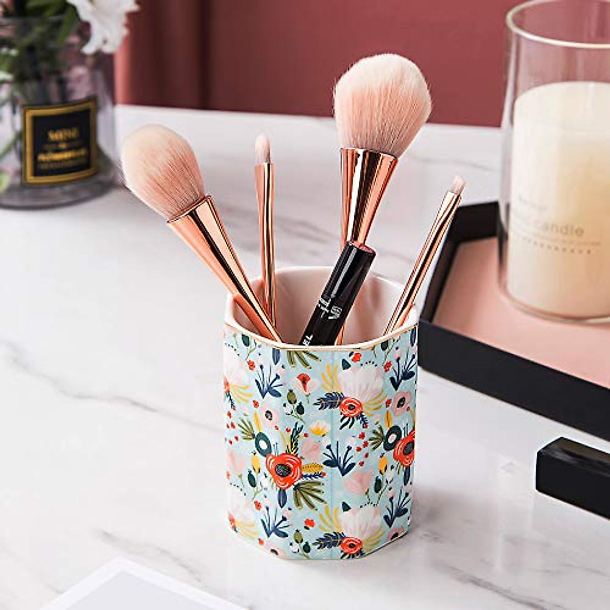 Jwest Pen Holder, Makeup Brush Holder Ceramic Shiny Gold Floral Pattern Pencil Cup for Girls Kids Women Durable Stand Desk Organizer Storage Gift for Office, Classroom, Home Mint Flowers