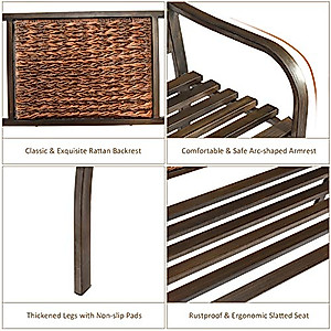 Safstar Outdoor Bench Seat, Metal Garden Bench with Elegant Rattan Backrest & Curved Armrest, 2-Person Loveseat for Front Porch Entry Way Patio Garden, Patio Garden Bench Park Bench Porch Bench