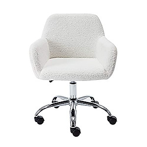 Goujxcy Faux Fur Vanity Chair, Elegant White Fluffy Vanity Chair for Girls Women, Modern Furry Upholstered Home Office Desk Chair Armchair for Living Room, Office, Bedroom, Dressing Room