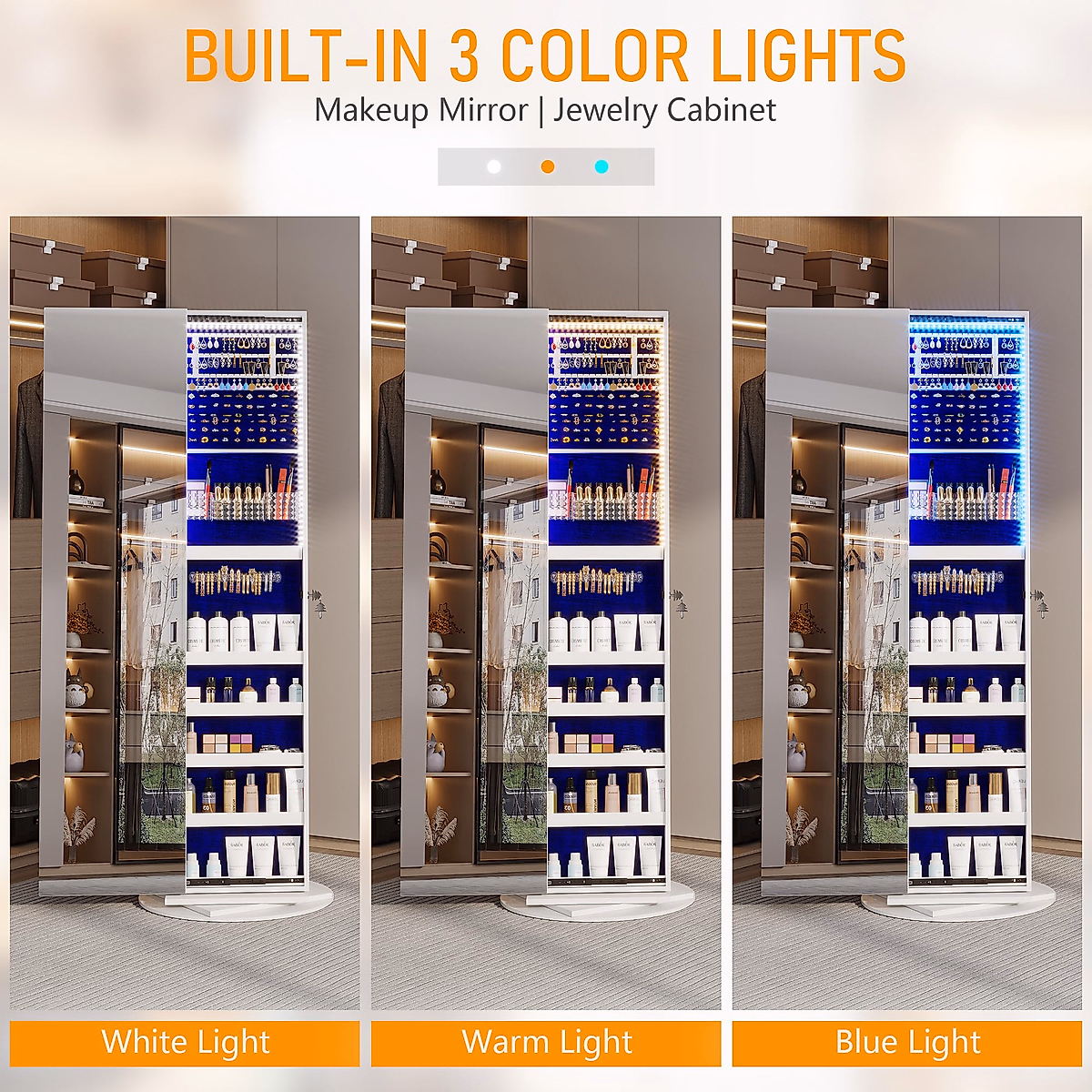 LVSOMT 360° Swivel Jewelry Mirror Cabinet with Lights, Standing Jewelry Armoire Organizer, 63" Rotatable Full-Length Mirror with Jewelry Storage, Lockable with Back Storage Shelve, White