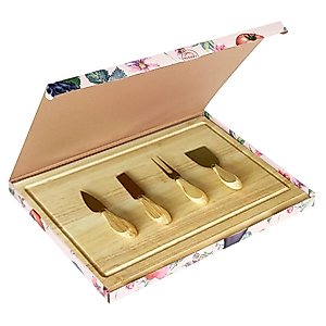 Cheese Board Wood Platter with Gold Brass Cheese Knife Set and Bonus Paper Decorations, Whitewash Wooden Charcuterie Server with Golden Knives (Cheese Board with Utensils and Paper Decor)